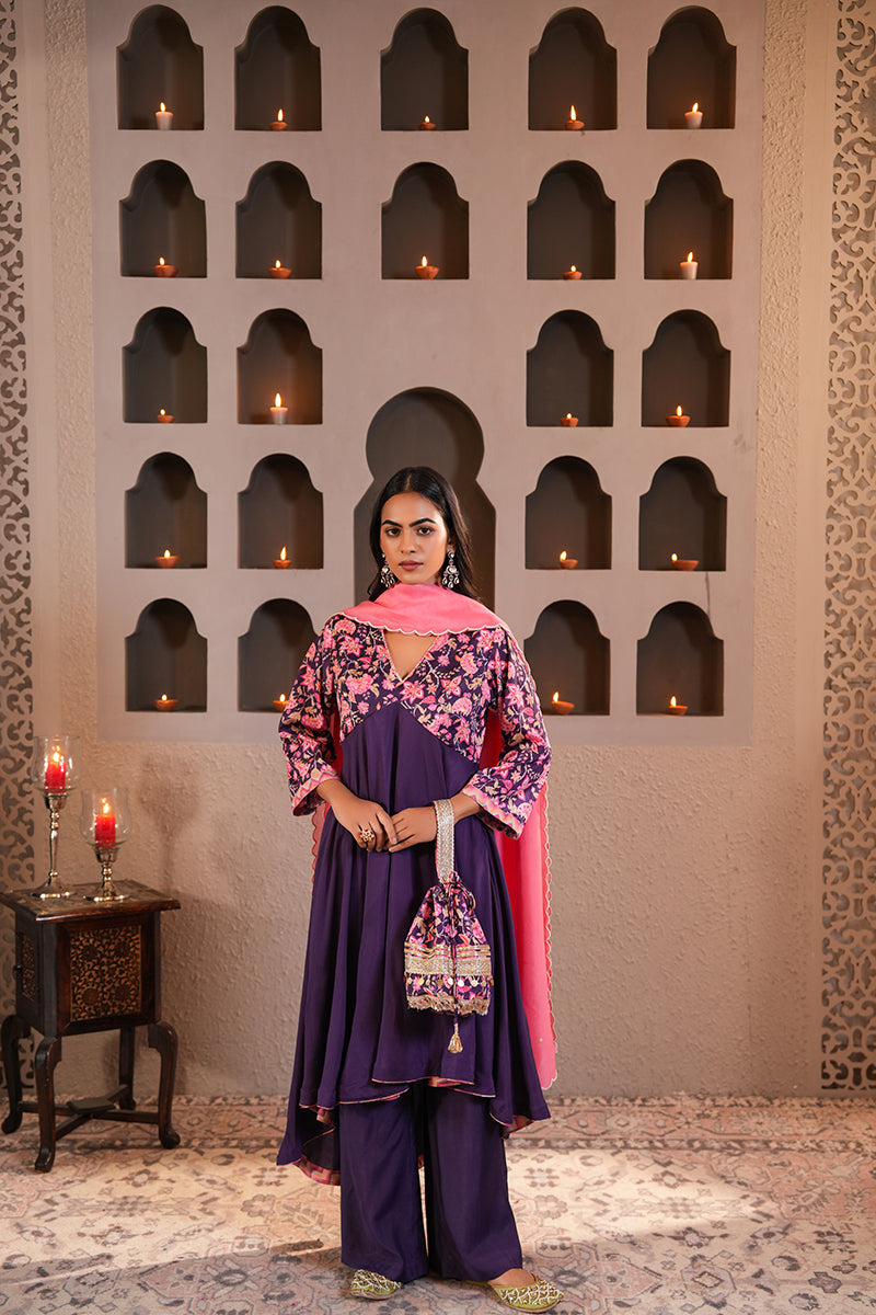 Banafshi Chintz Anarkali Set With Dupatta